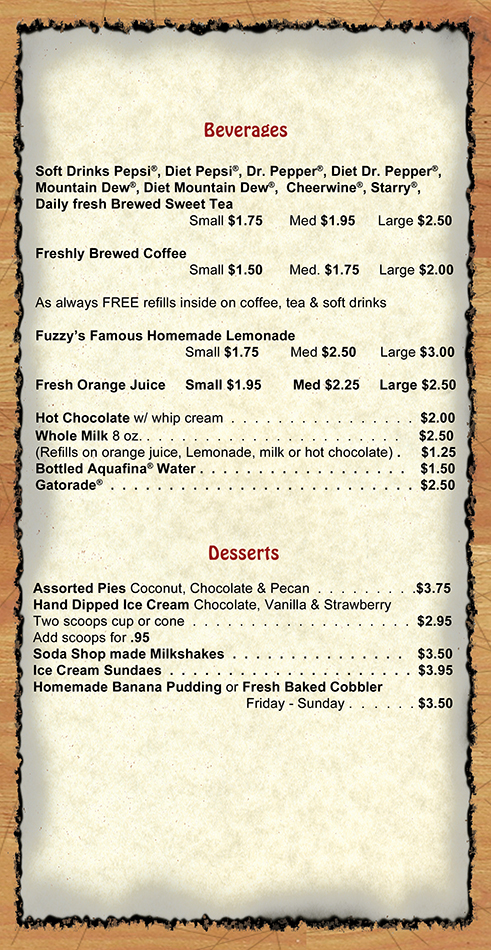 Fuzzy's Bar-B-Q Menu- Madison, NC