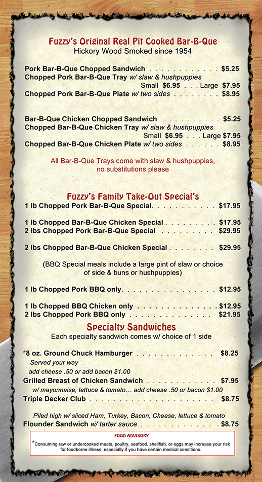 Fuzzy's Bar-B-Q Menu- Madison, NC